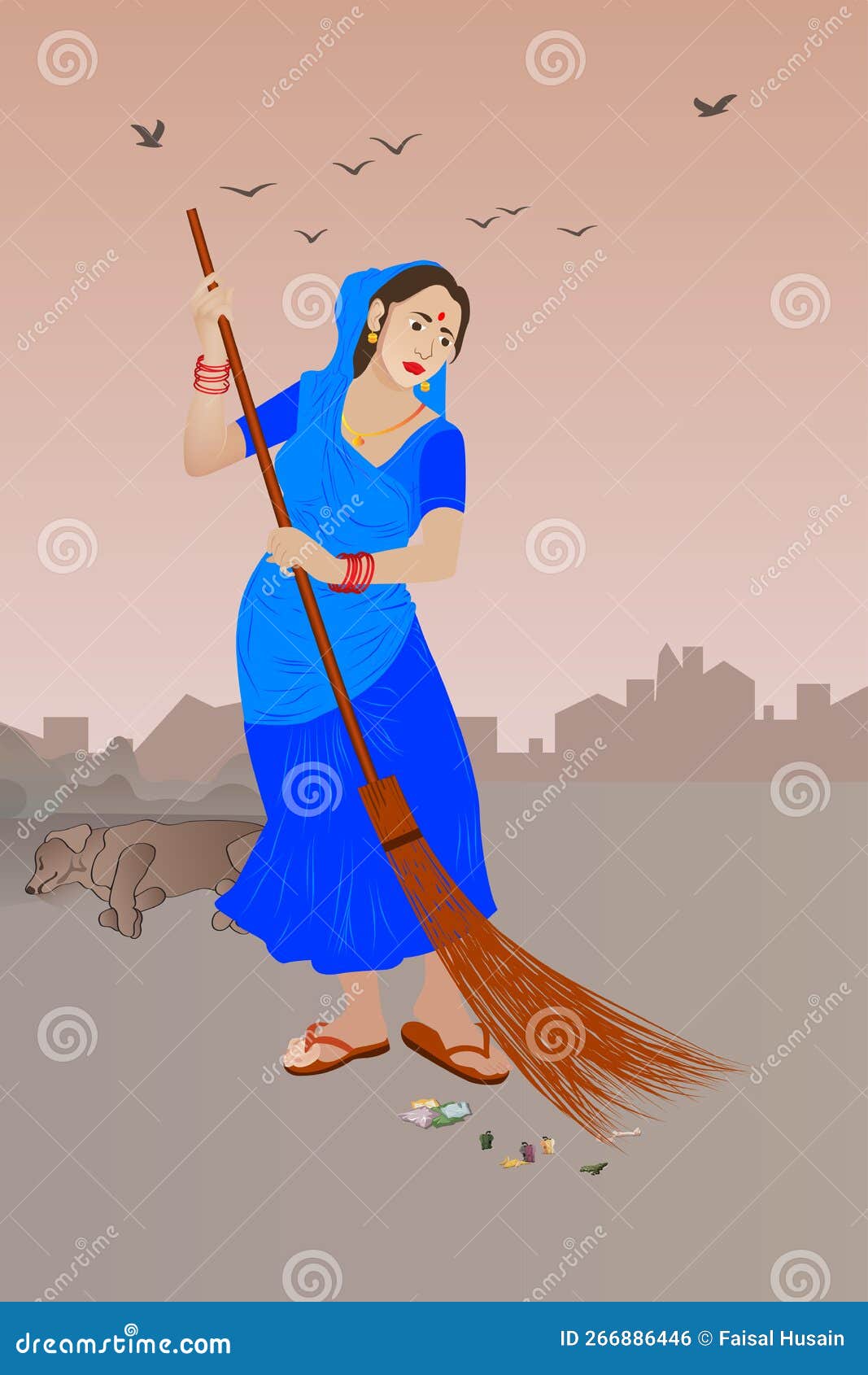 Indian Women Sweeping Garbage with Broom Street Stock Vector ...