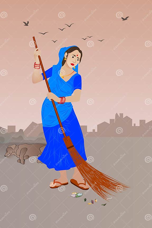 Indian Women Sweeping Garbage with Broom Street Stock Vector ...
