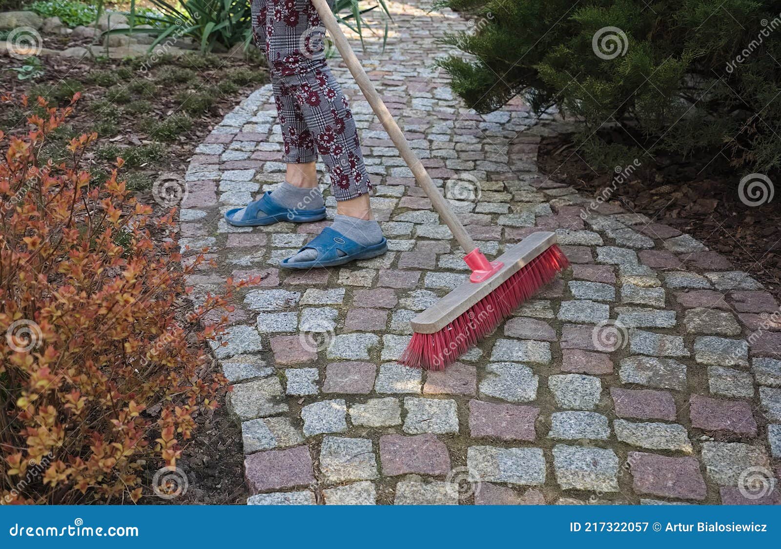 Sweeping a Granite Paving Path Stock Image - Image of relax, pathway ...