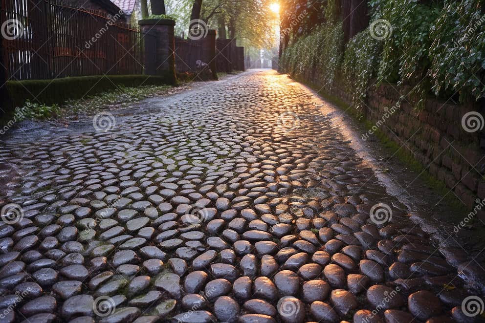 Sweeping Patterns on Dewy Cobblestone Path Stock Image - Image of ...