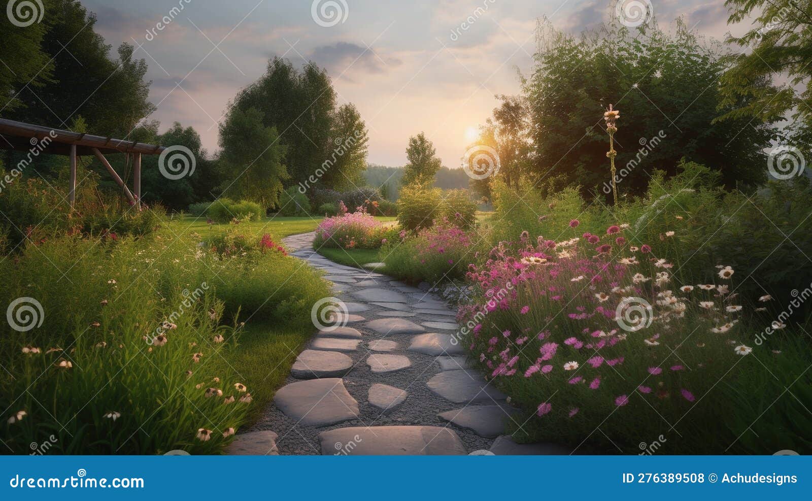 A Sweeping View of a Garden with a Stone Pathway Stock Illustration ...