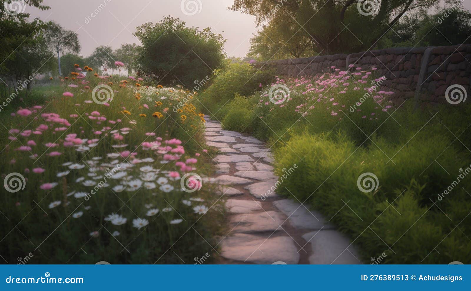 A Sweeping View of a Garden with a Stone Pathway Stock Illustration ...