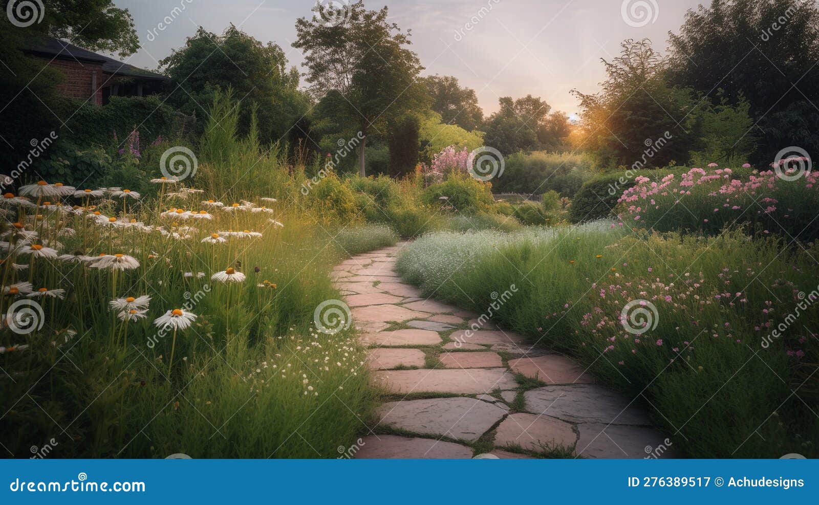 A Sweeping View of a Garden with a Stone Pathway Stock Illustration ...