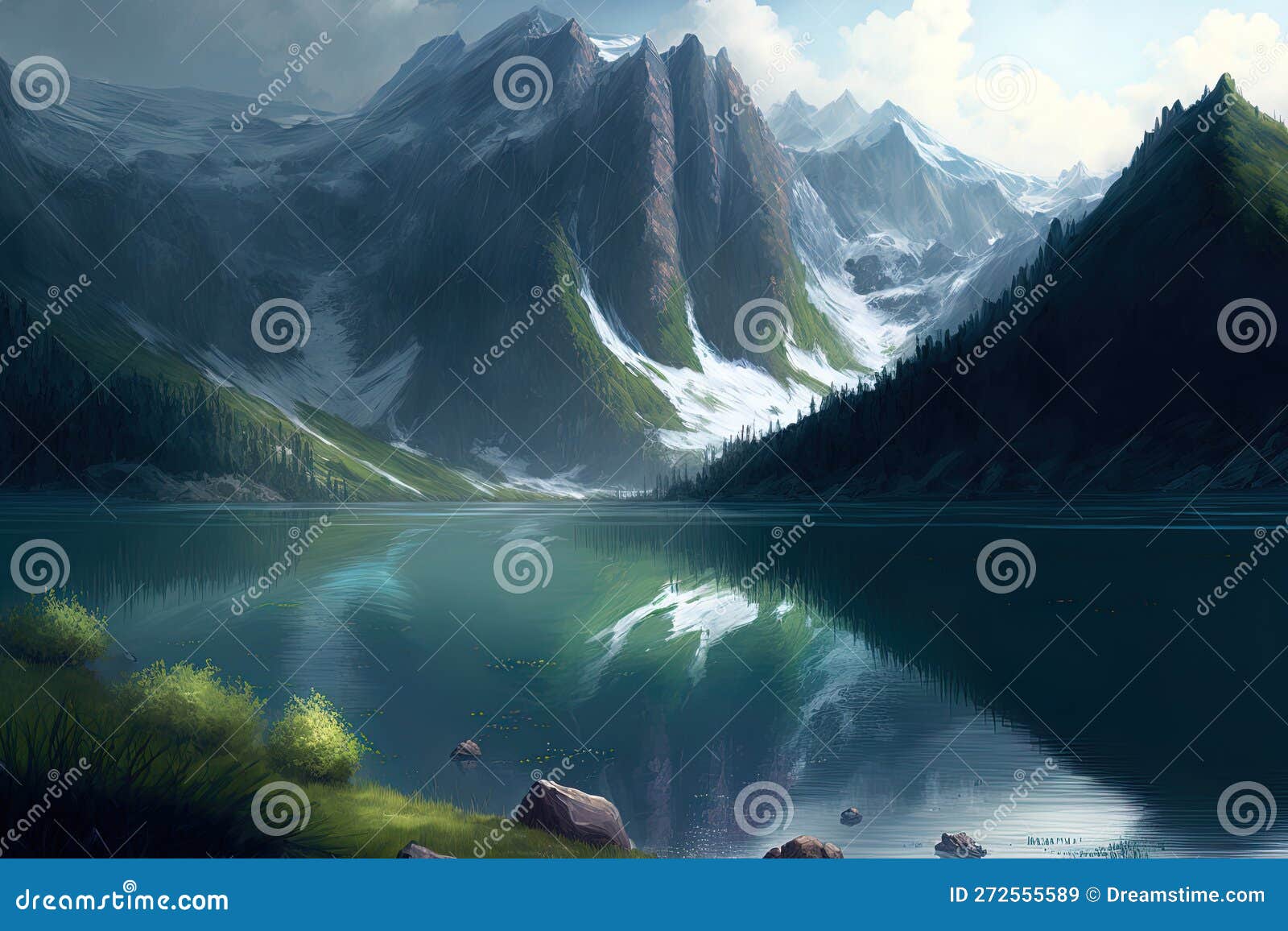 Sweeping View of the Mountainous Lake Stock Illustration - Illustration ...
