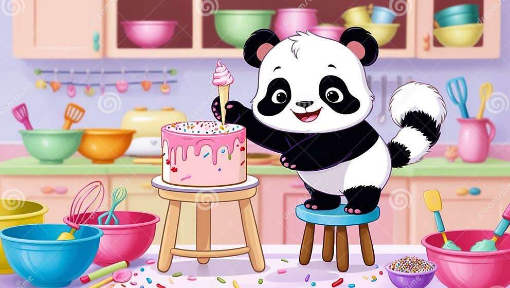 The Sweet Art of a Panda Baking a Cake Stock Illustration ...