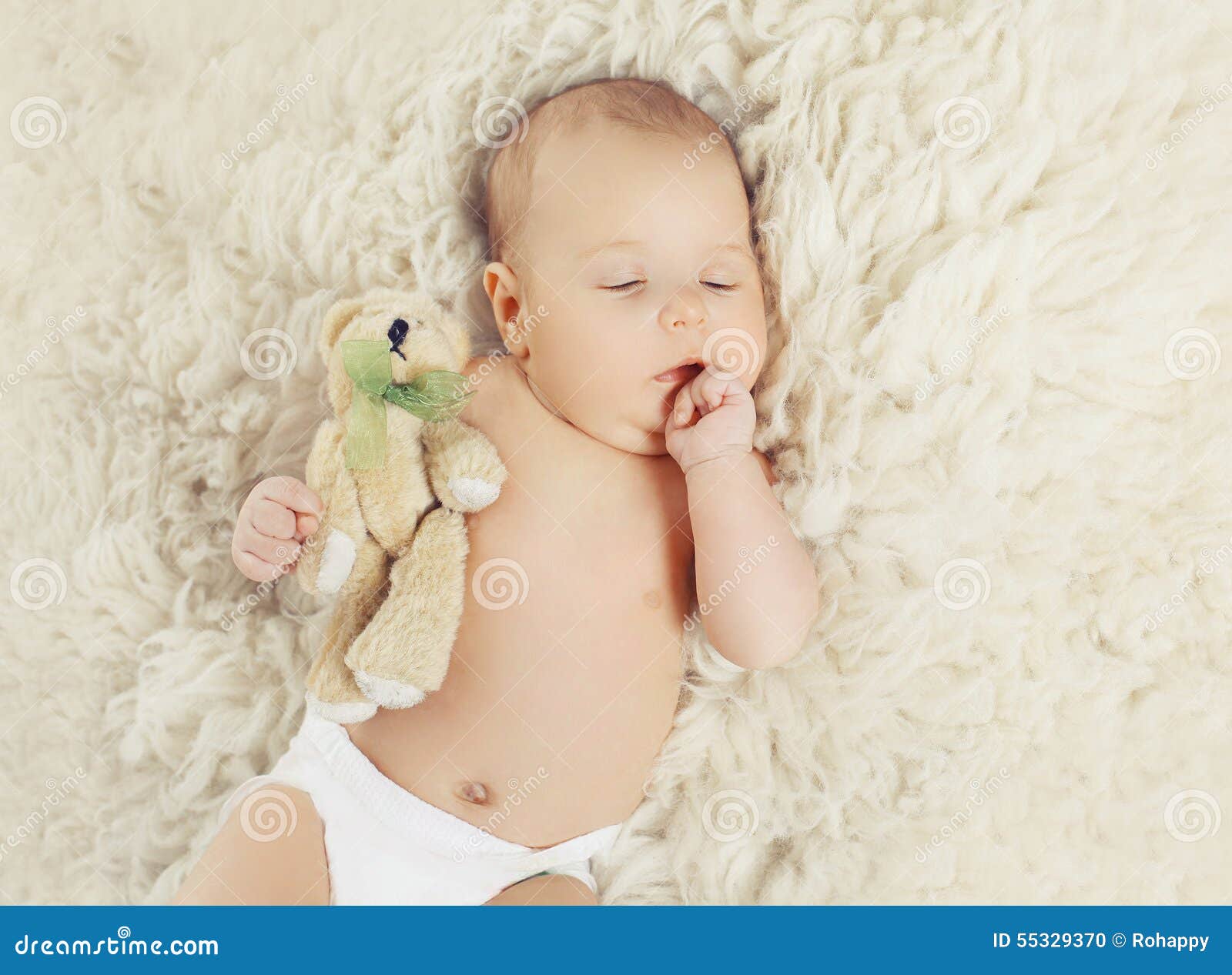 Sweet Baby at Home Sleeping with Teddy Bear Stock Photo - Image of ...