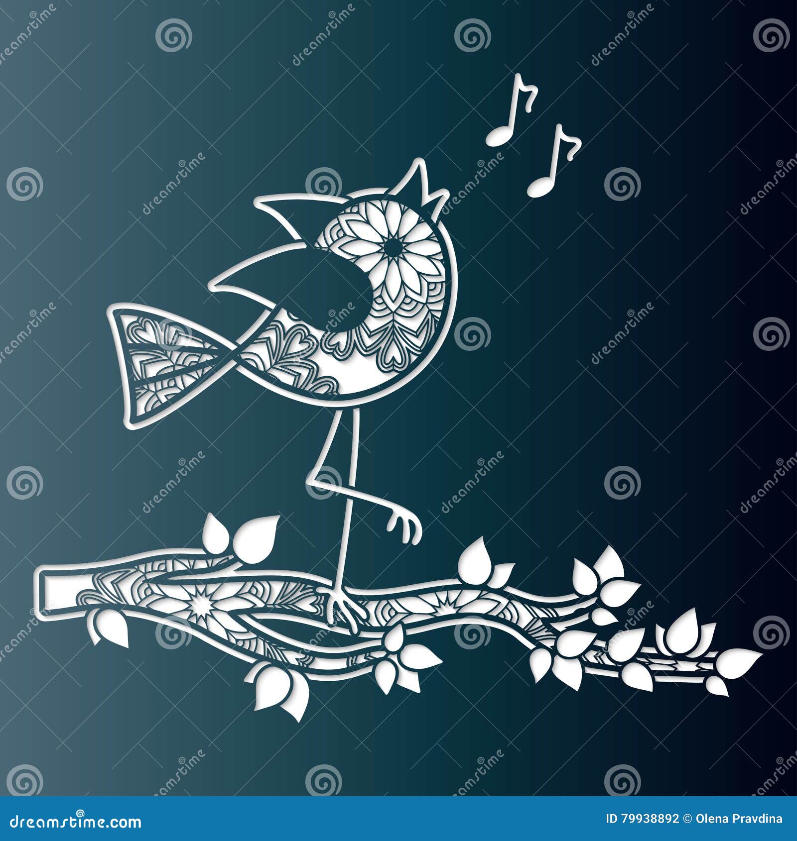 Sweet Bird Chirping on a Tree Branch. Vector Template for Laser Stock ...