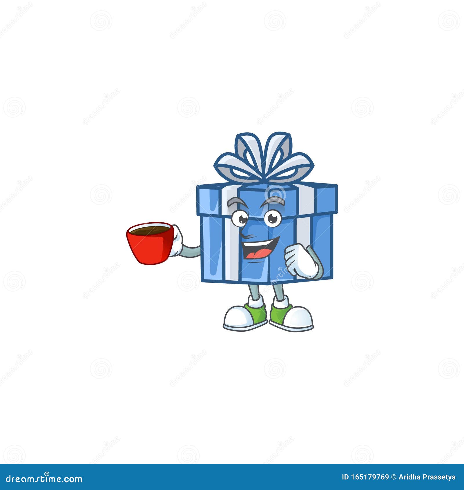 Sweet Blue Gift Box Cartoon Character with a Cup of Coffee Stock Vector ...