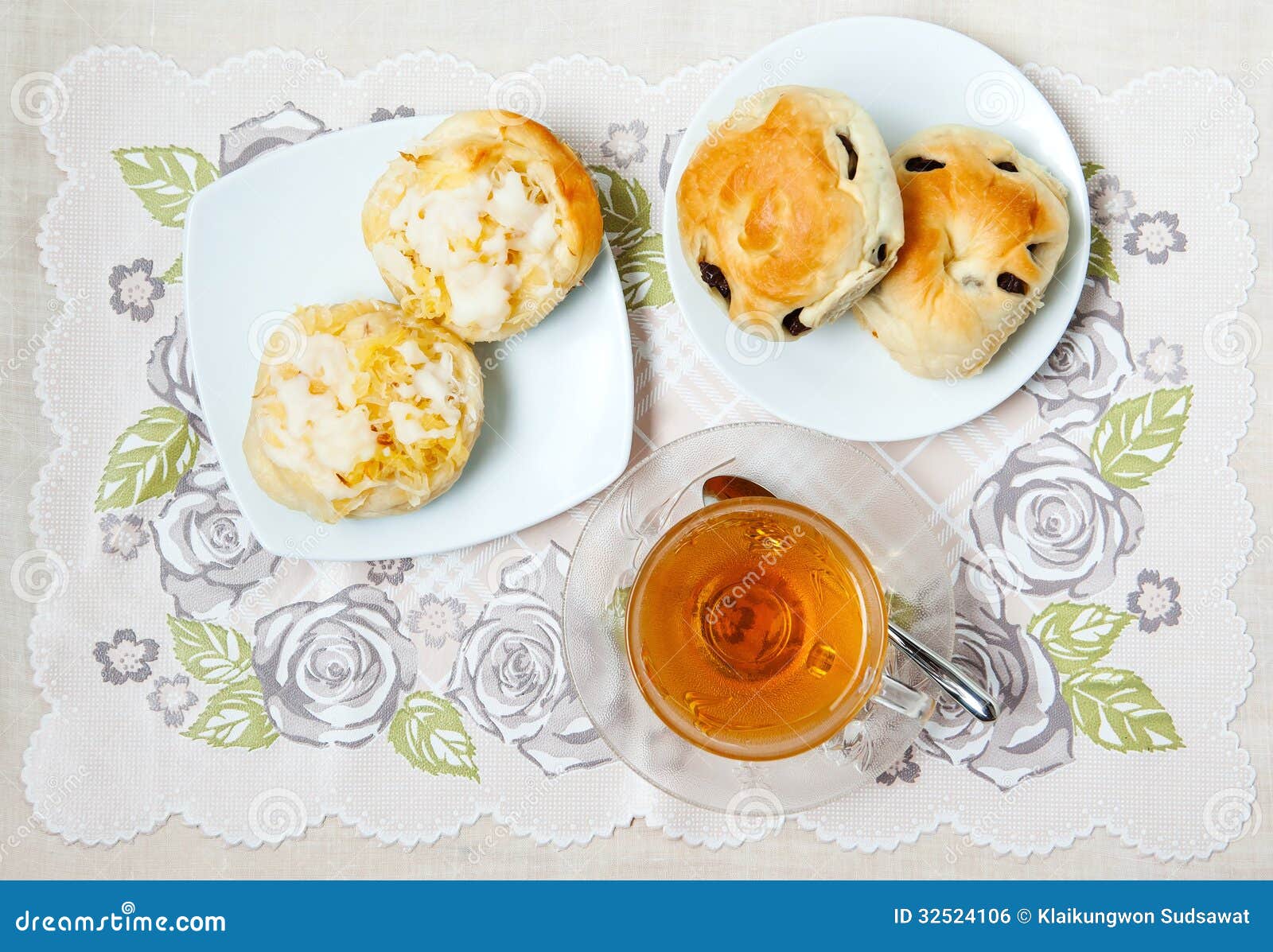 Sweet Bun and Tea for Tea Break Stock Photo - Image of coconut, coffee ...