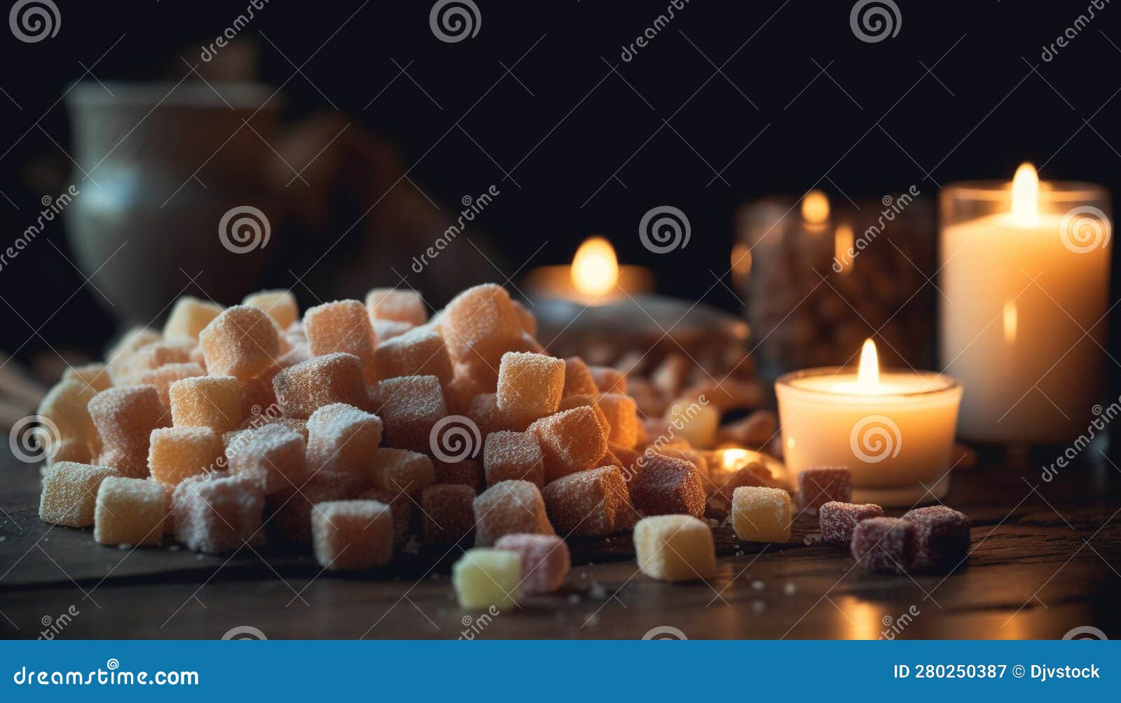 Sweet Candy Stack on Wooden Table, Flame Adds Elegance Generated by AI ...