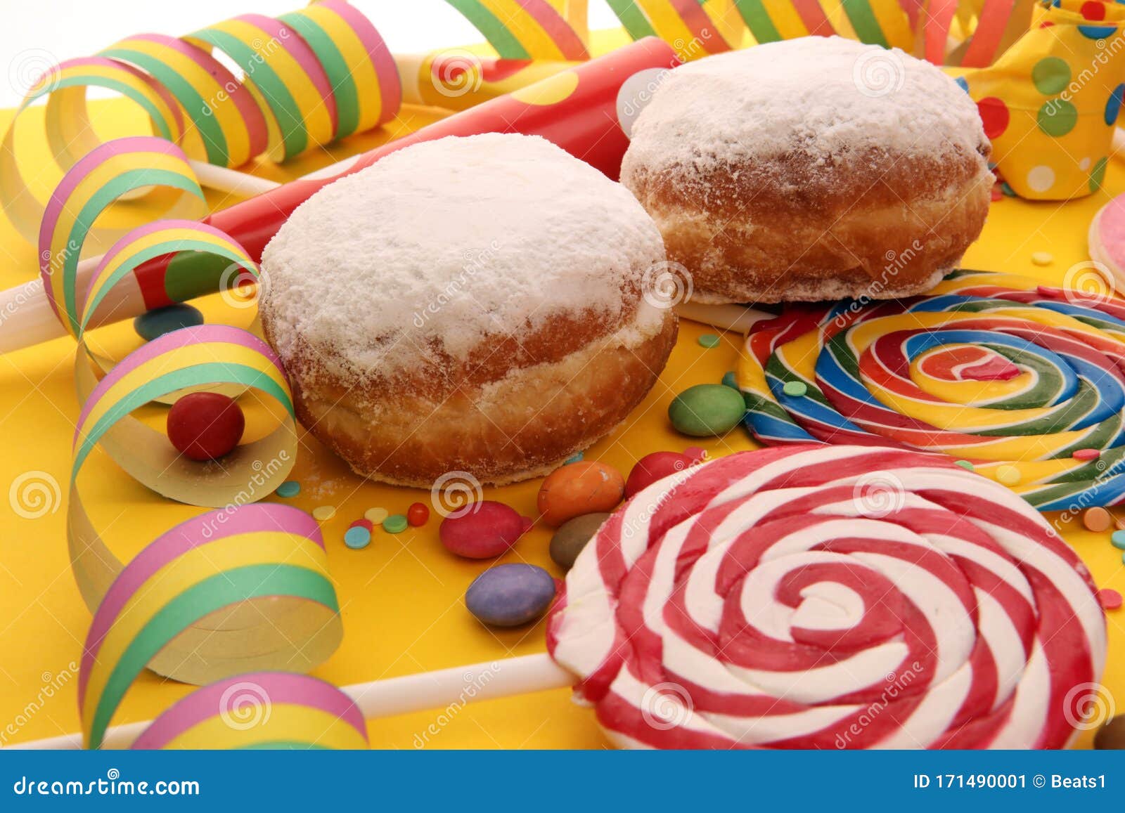 Sweet Carnival Donuts with Streamer and Confetti on Yellow Background ...