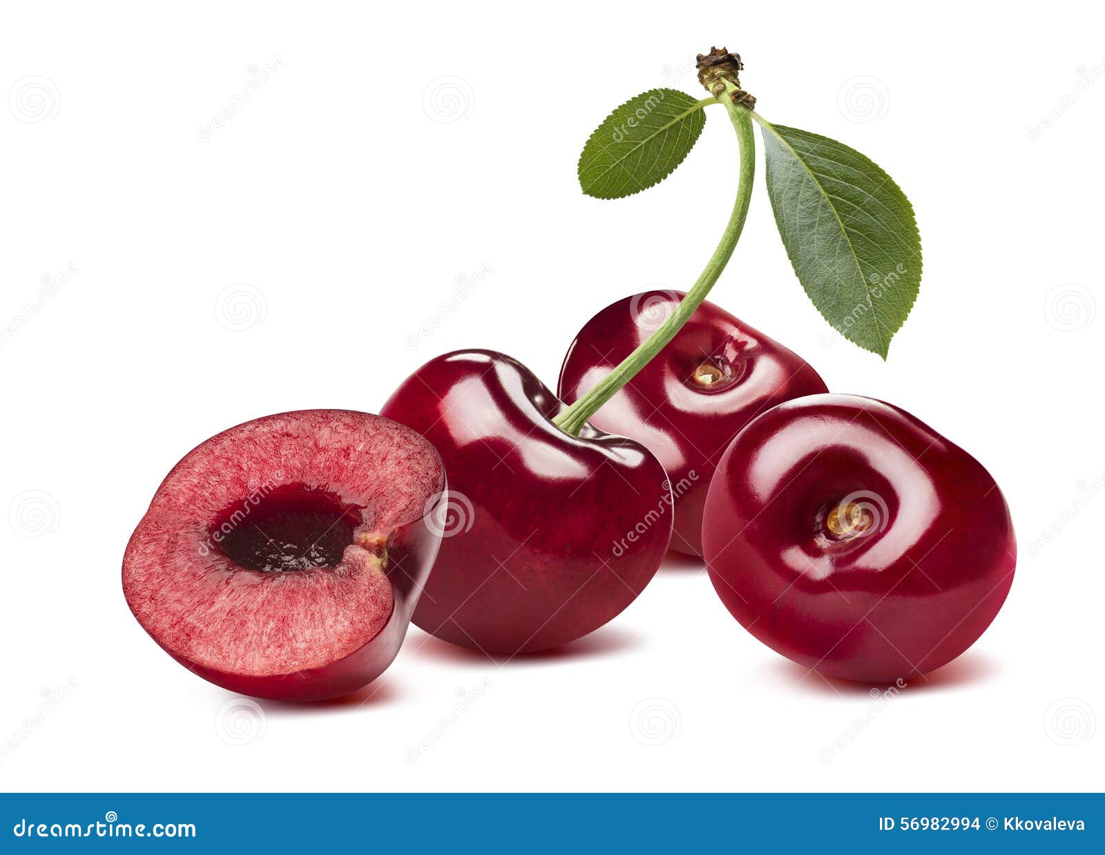 3 Sweet Cherries and Half Isolated on White Background Stock Photo ...
