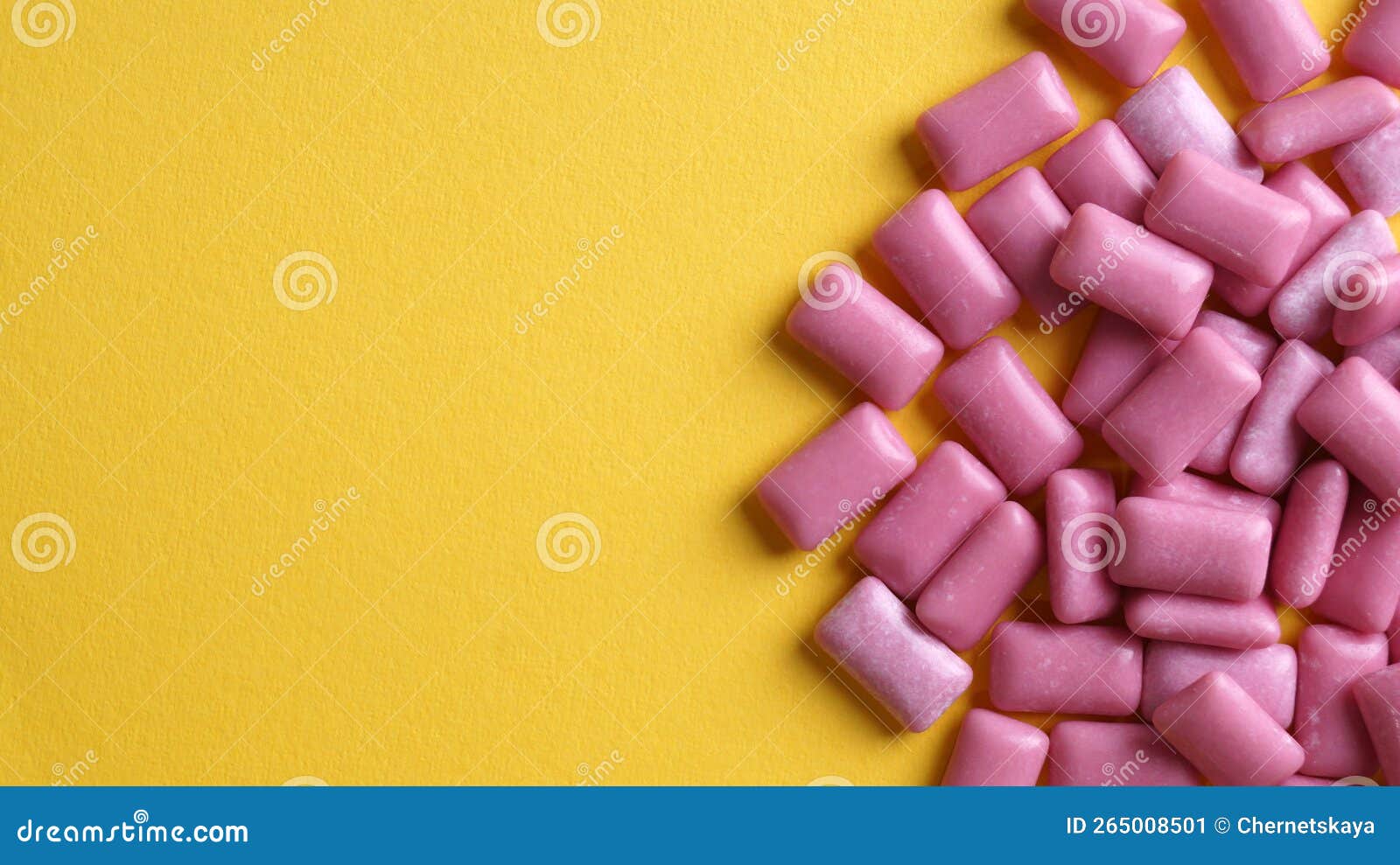 Sweet Chewing Gums on Yellow Background, Flat Lay. Space for Text Stock ...