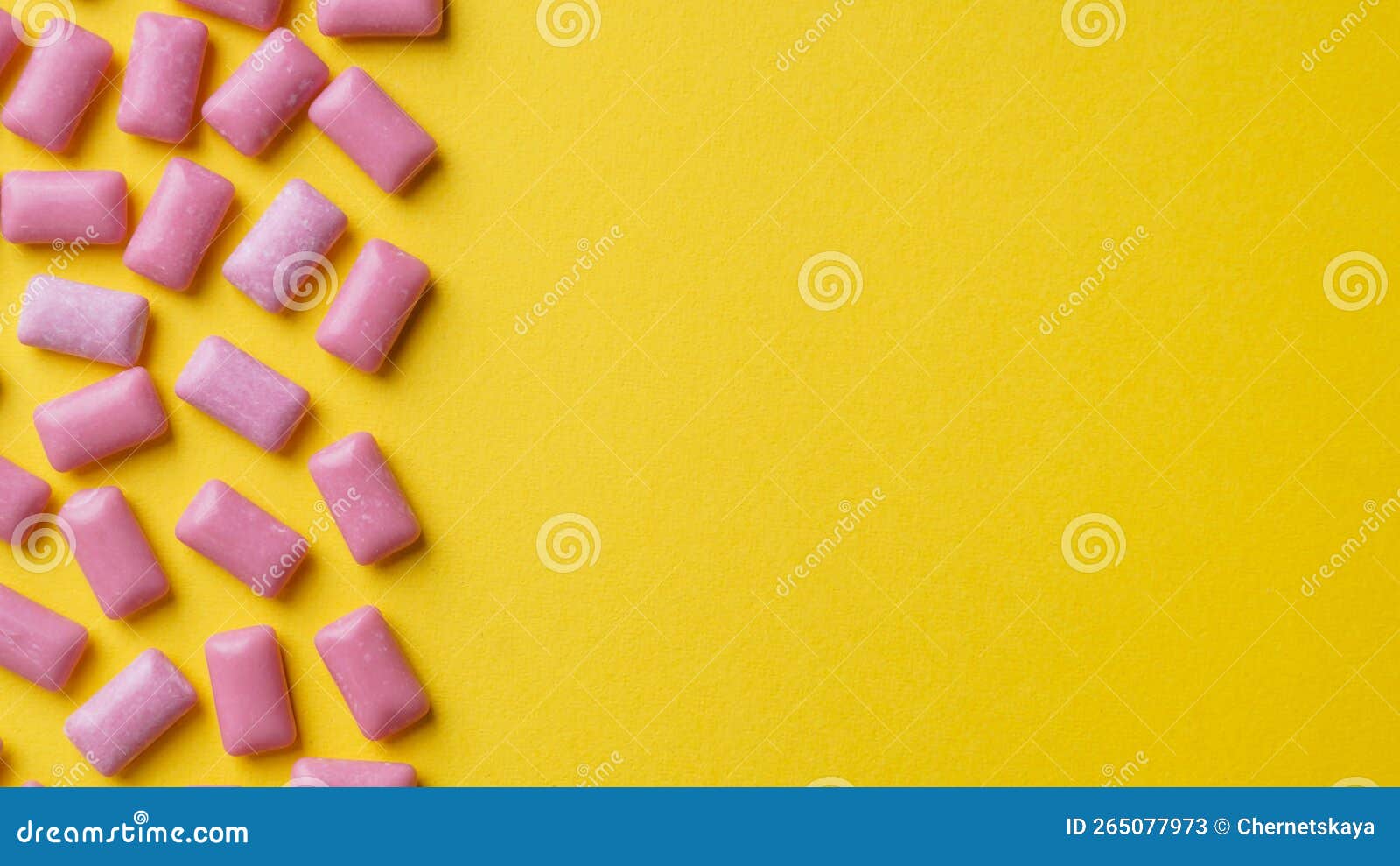 Sweet Chewing Gums on Yellow Background, Flat Lay. Space for Text Stock ...