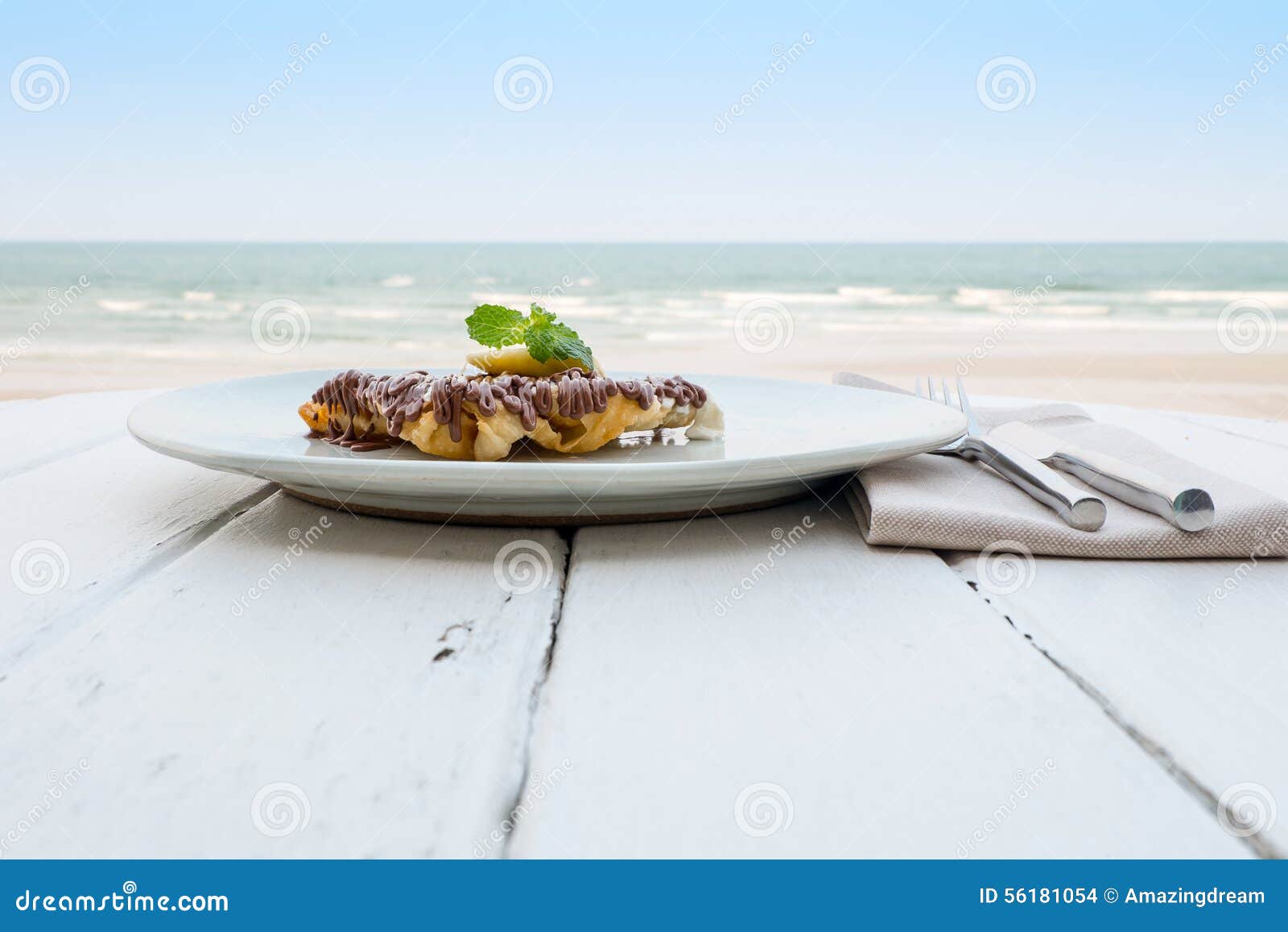 Sweet Chocolate Dessert on the Beach, Sea View Stock Photo - Image of ...