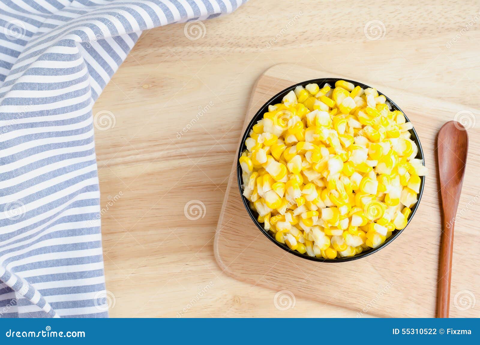 Sweet Corn in Bowl on Wooden Table with Napkin Stock Photo - Image of ...