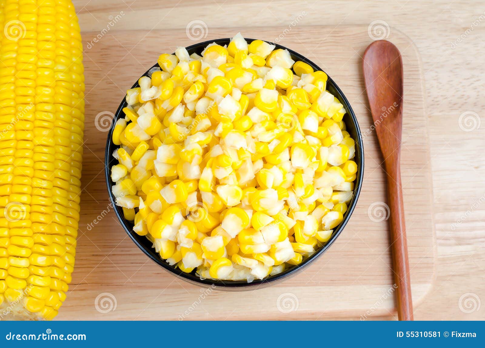 Sweet Corn in Bowl on Wooden Table with Napkin Stock Image - Image of ...