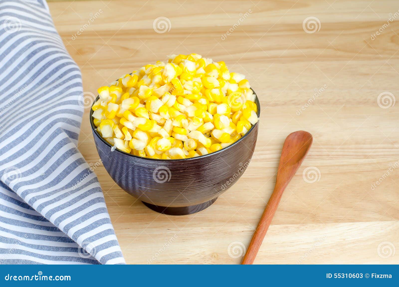 Sweet Corn in Bowl on Wooden Table with Napkin Stock Image - Image of ...