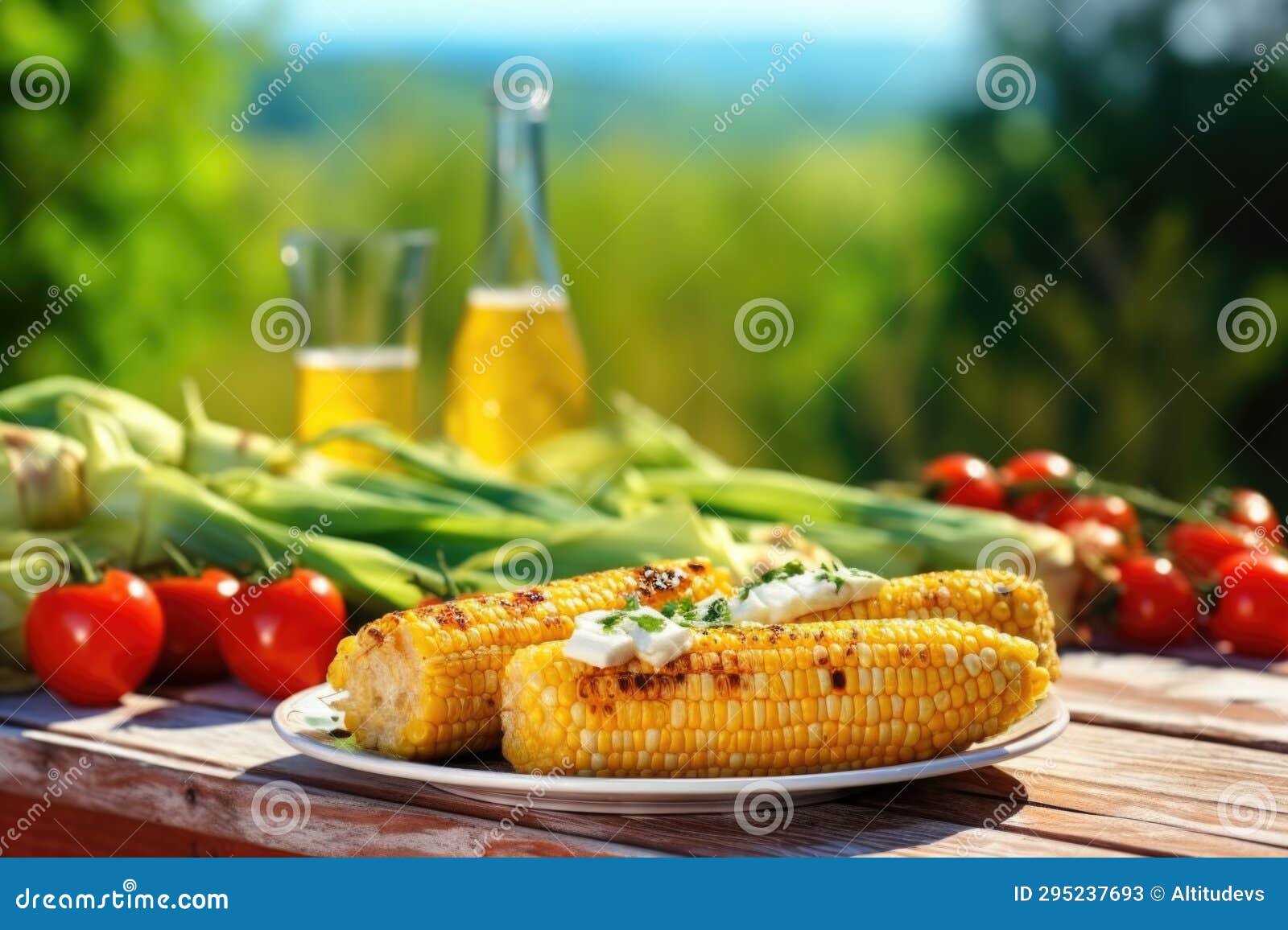 Sweet Corn Cobs Glazed with Butter on Picnic Table Stock Image - Image ...