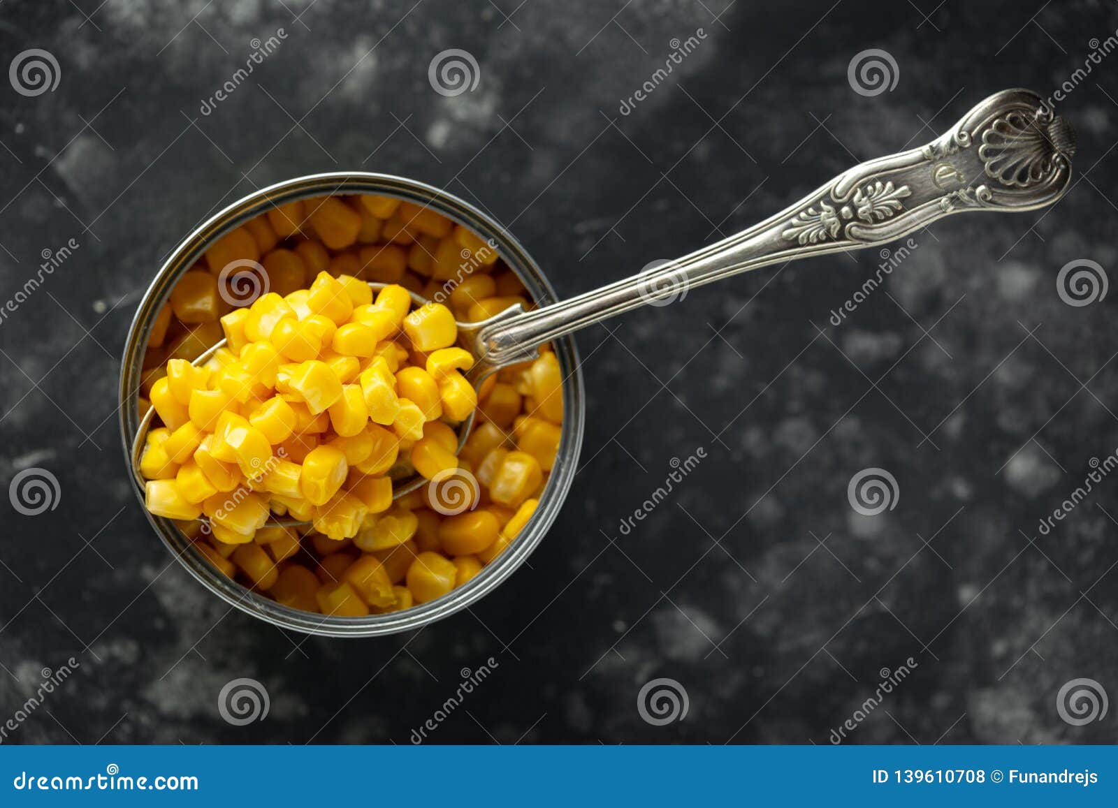 Sweet Corn in an Opened Tin Can with Vintage Spoon Stock Photo - Image ...