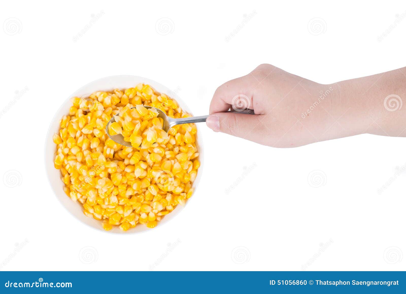 Sweet Corn in White Bowl Ready for Eat with Hand and Spoon Stock Photo ...