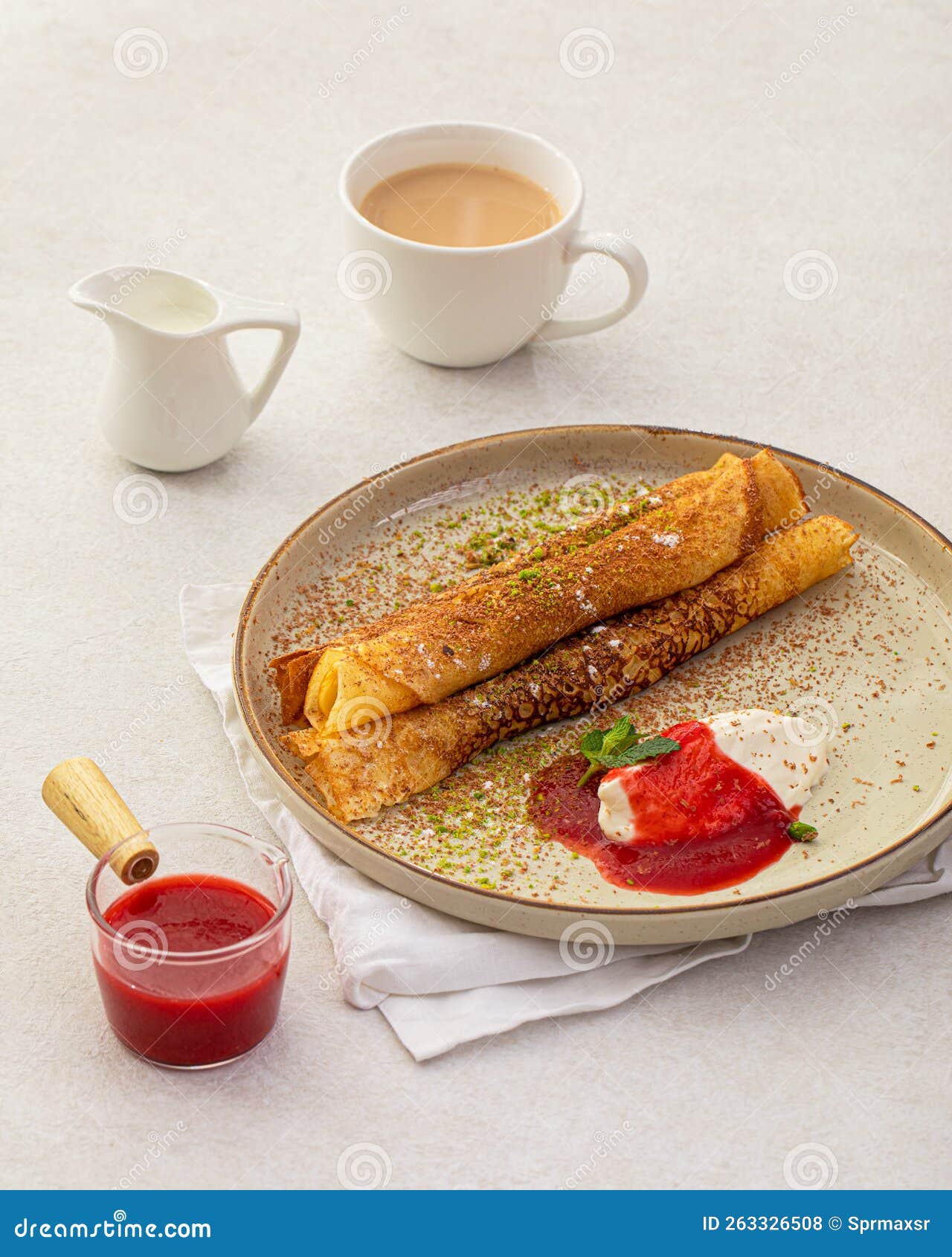 Sweet Crepe Roll with Cream and Jam Stock Photo - Image of delicious ...