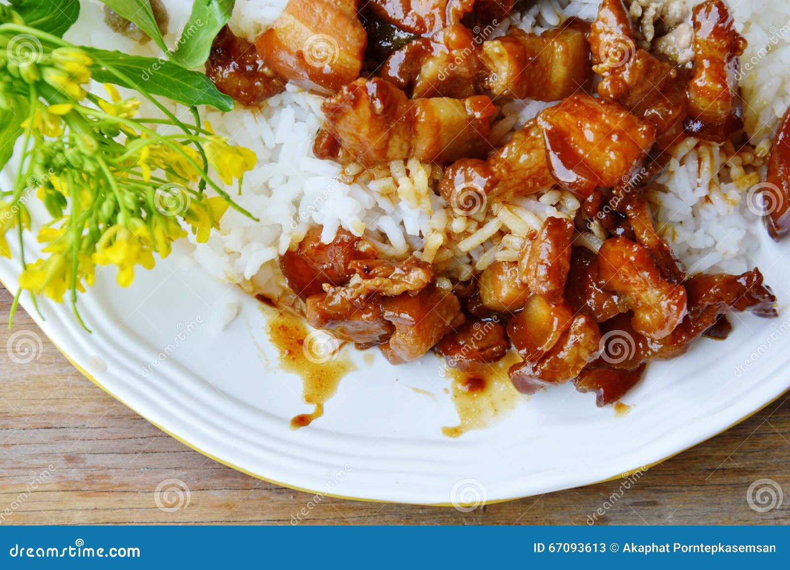Sweet Crispy Fat Pork Eat with Fresh Flower Cabbage on Rice Stock Image ...