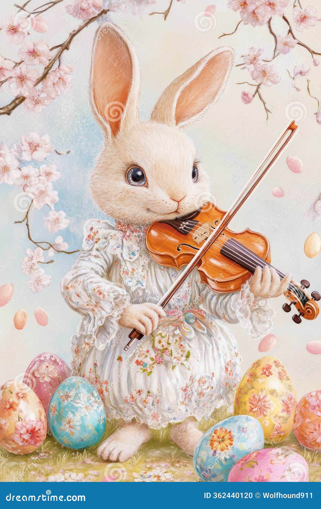 A Sweet Easter Bunny Playing the Violin, Surrounded by Softly Falling ...