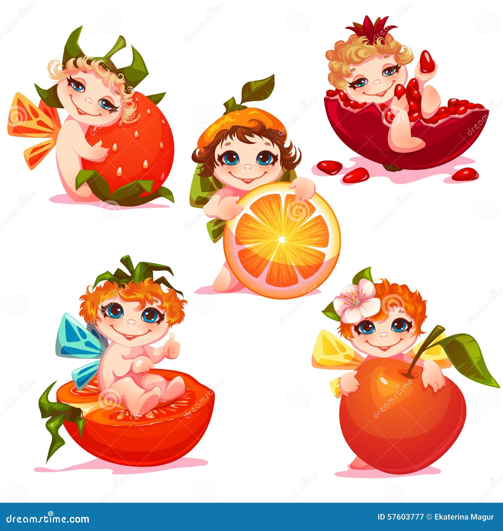 Sweet Fairies with Apple, Orange, Tomato and Stock Vector ...