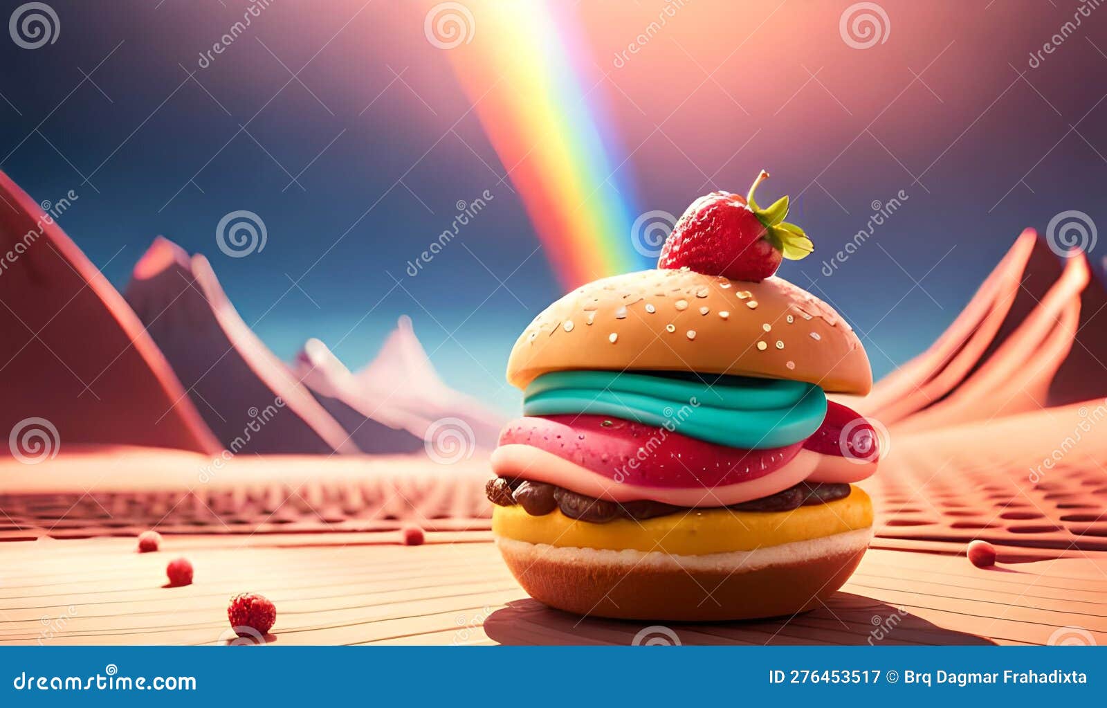 A Sweet and Fun Rainbow Burger with Strawberry As a Topping Stock ...
