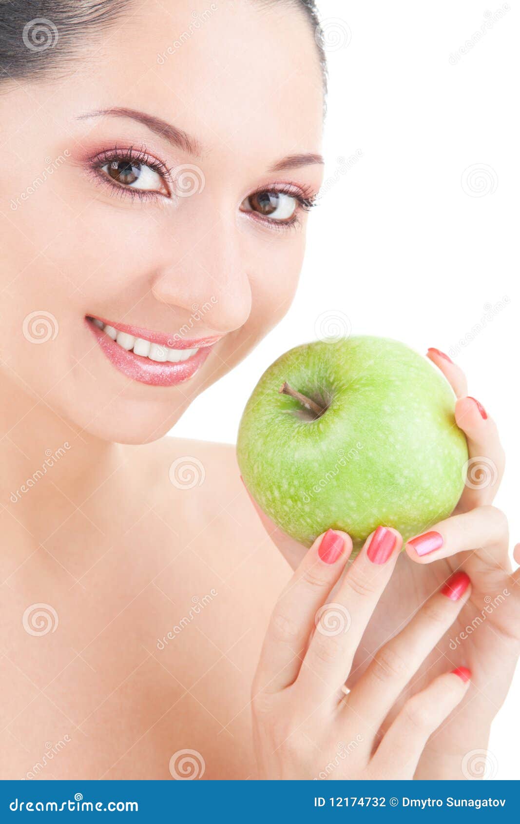 Sweet Girl Eating Apple on White Background Stock Photo - Image of ...