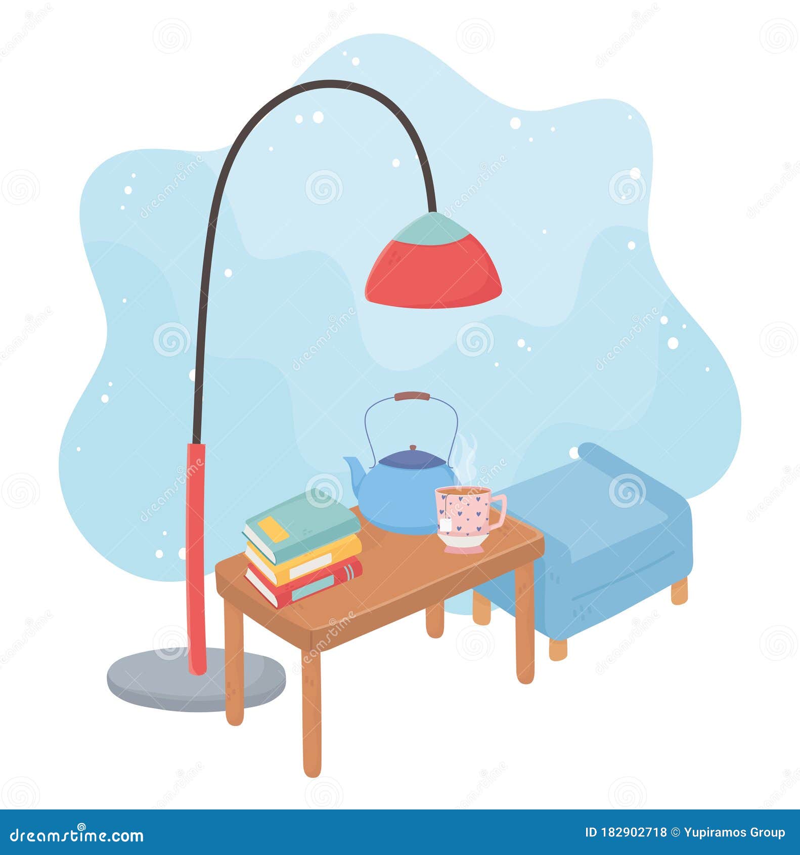 Sweet Home Table with Footrest Tea Cup Kettle Stack of Books and Floor ...