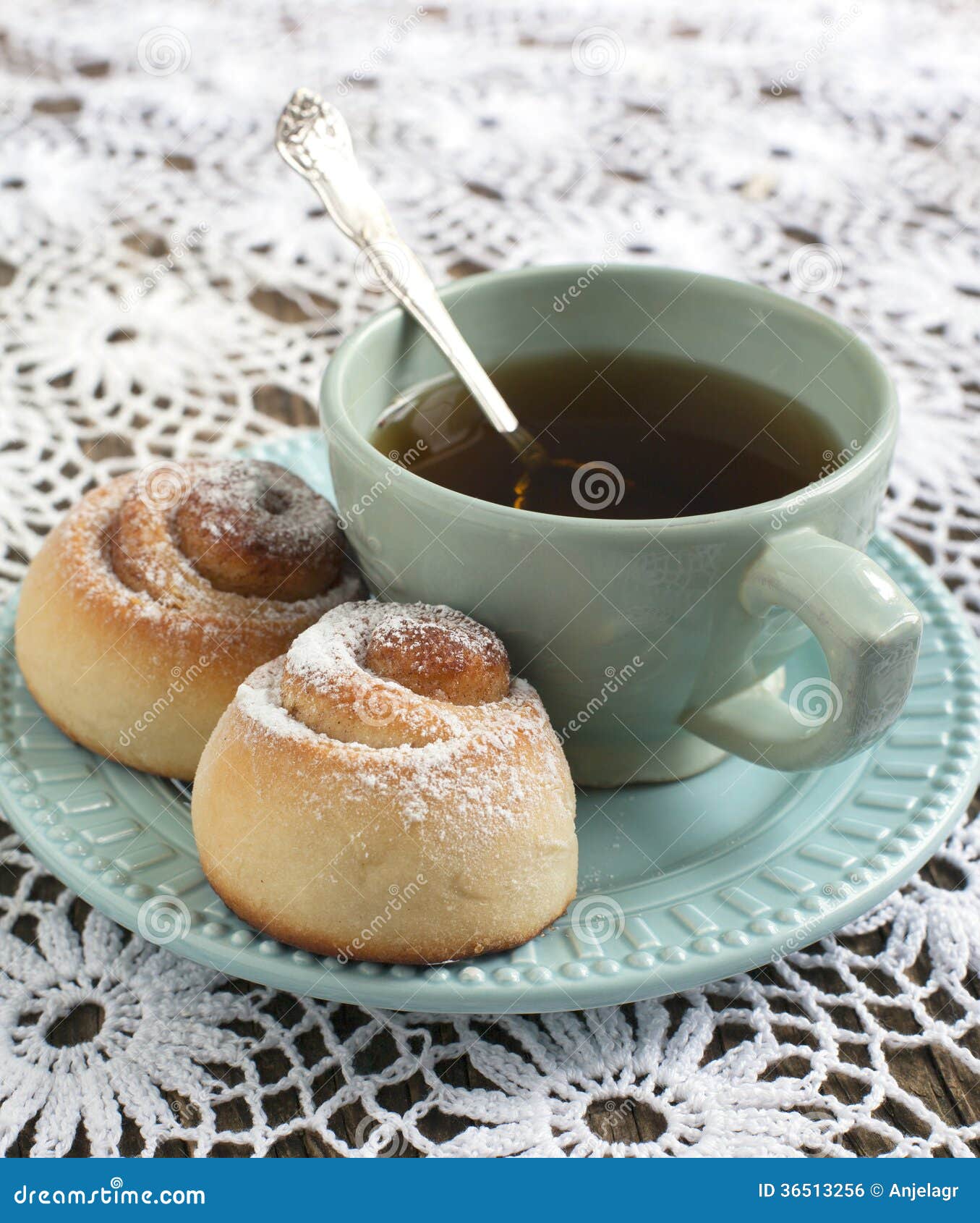 Sweet Homemade Cinnamon Rolls and Cup of Tea Stock Photo - Image of ...