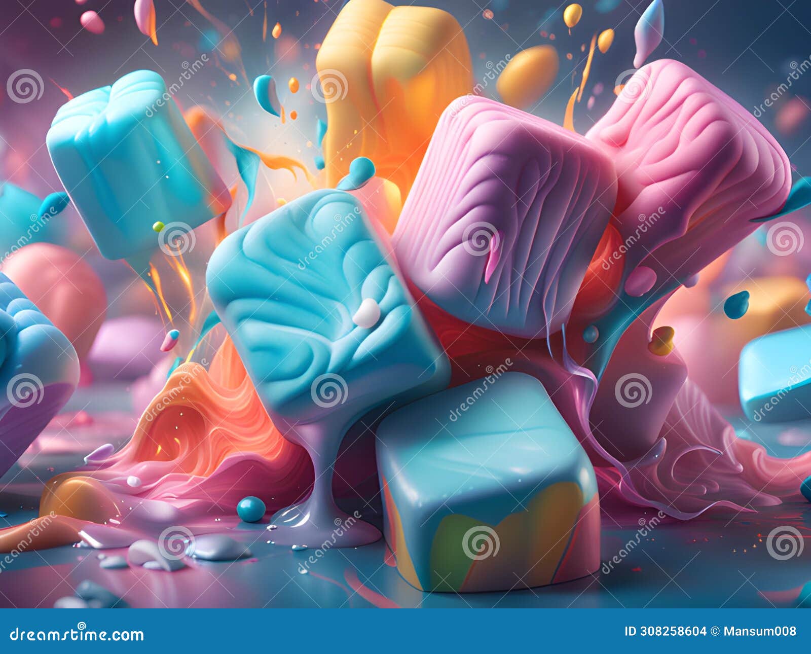Sweet Marshmallow with Liquid Paint Splashes Stock Illustration ...