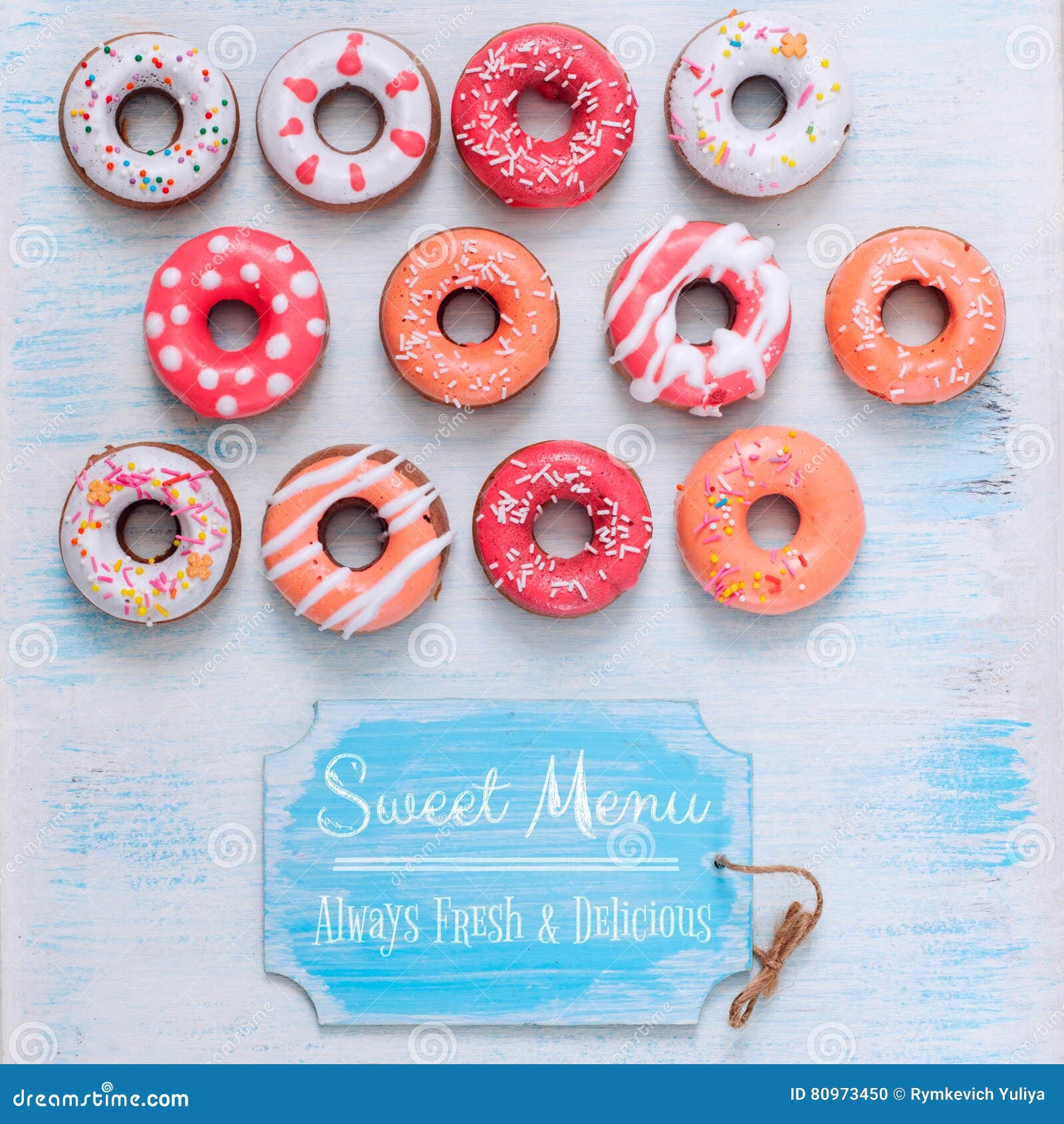 Sweet Menu of Donuts on the White and Blue Vintage Background Stock ...