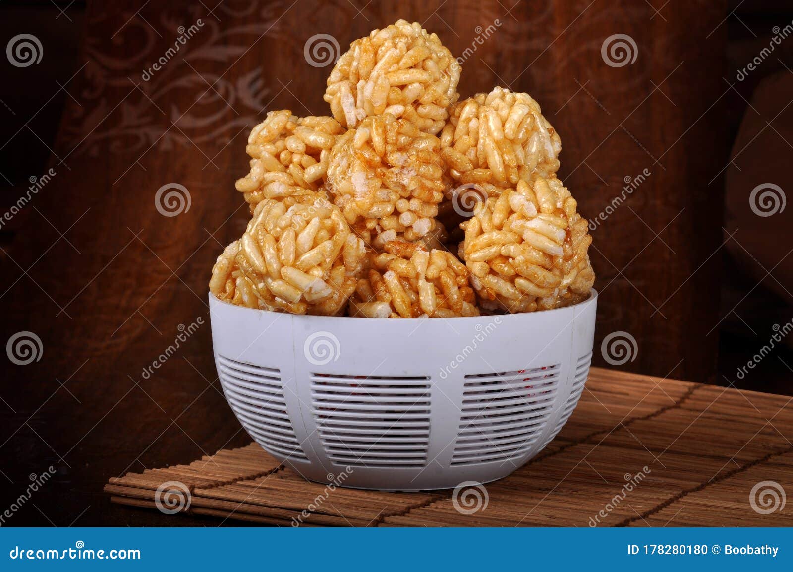 Sweet puffed rice balls stock photo. Image of snack - 178280180