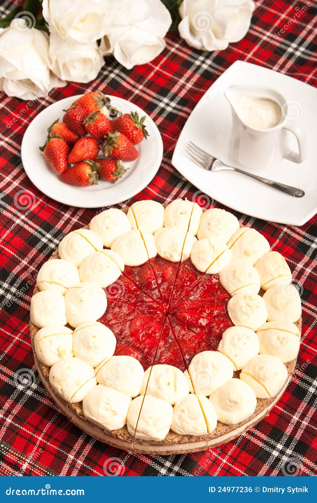 Sweet Round Baked Cake with Strawberries on Red Stock Photo - Image of ...