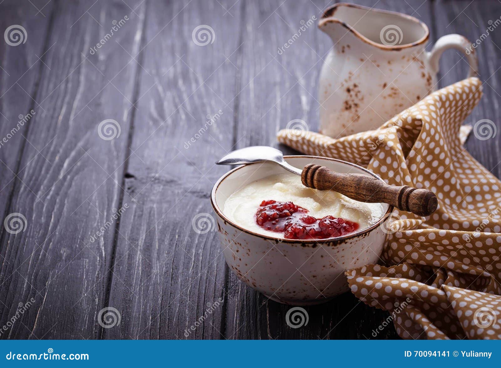 Sweet Semolina Porridge with Raspberry Jam Stock Image - Image of milk ...