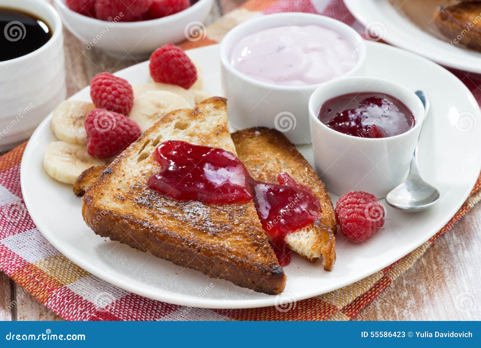 Sweet Toasts with Fresh Raspberry, Jam and Yoghurt for Breakfast Stock ...