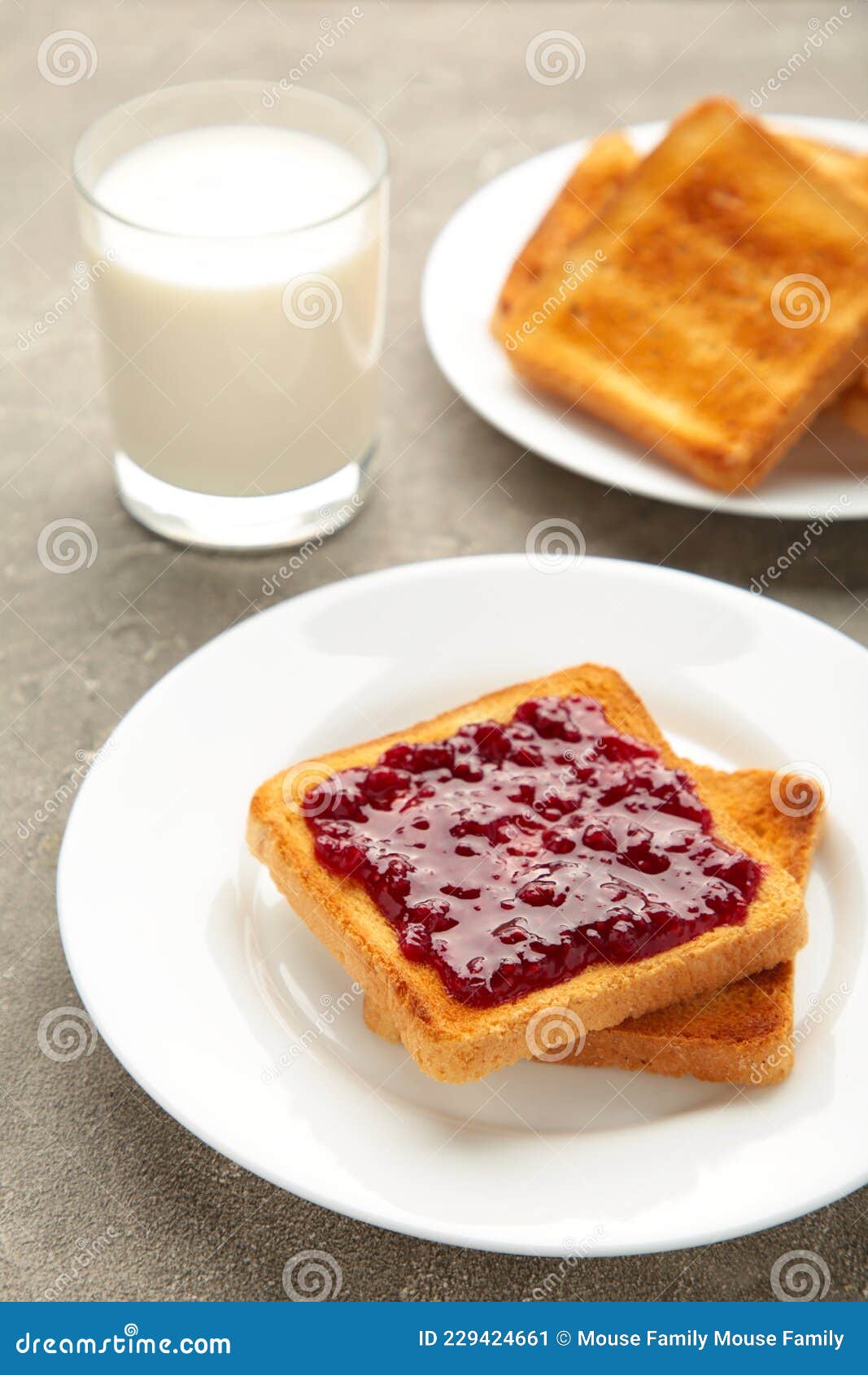 Sweet Toasts with Jam with Milk for Breakfast on Grey Table, Vertical ...