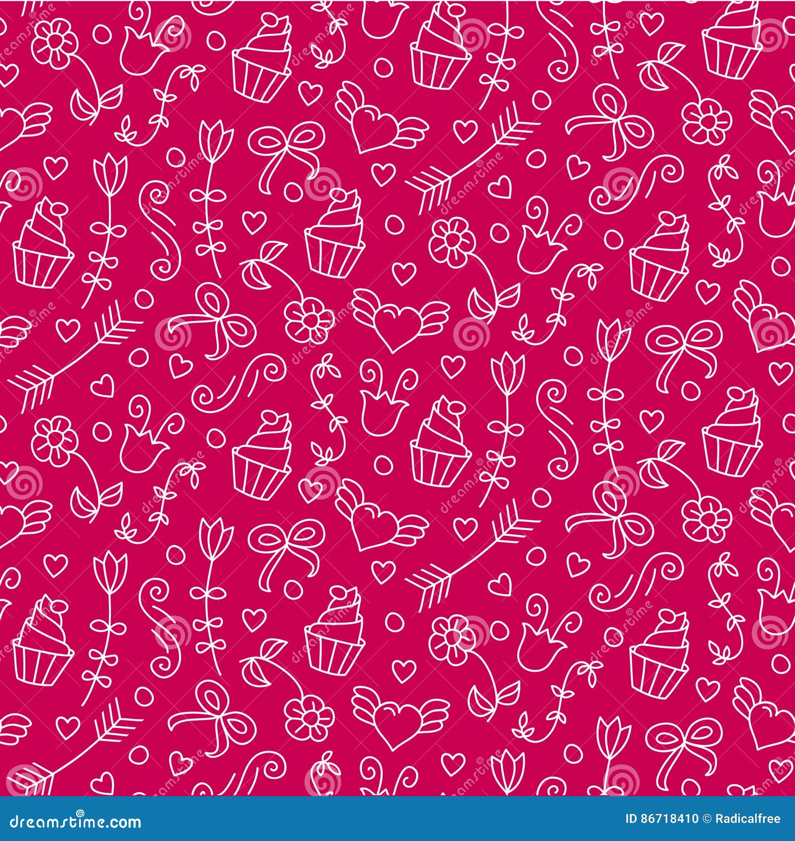 Sweet Vector Seamless Pattern with Hearts, Cupcakes, Flowers, Bows ...