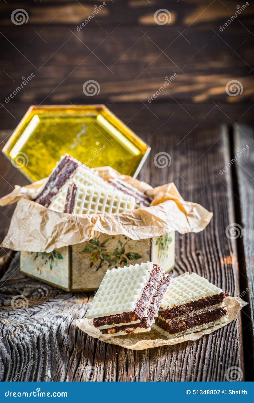 Sweet Wafers with Nuts and Chocolate in Old Box Stock Photo - Image of ...