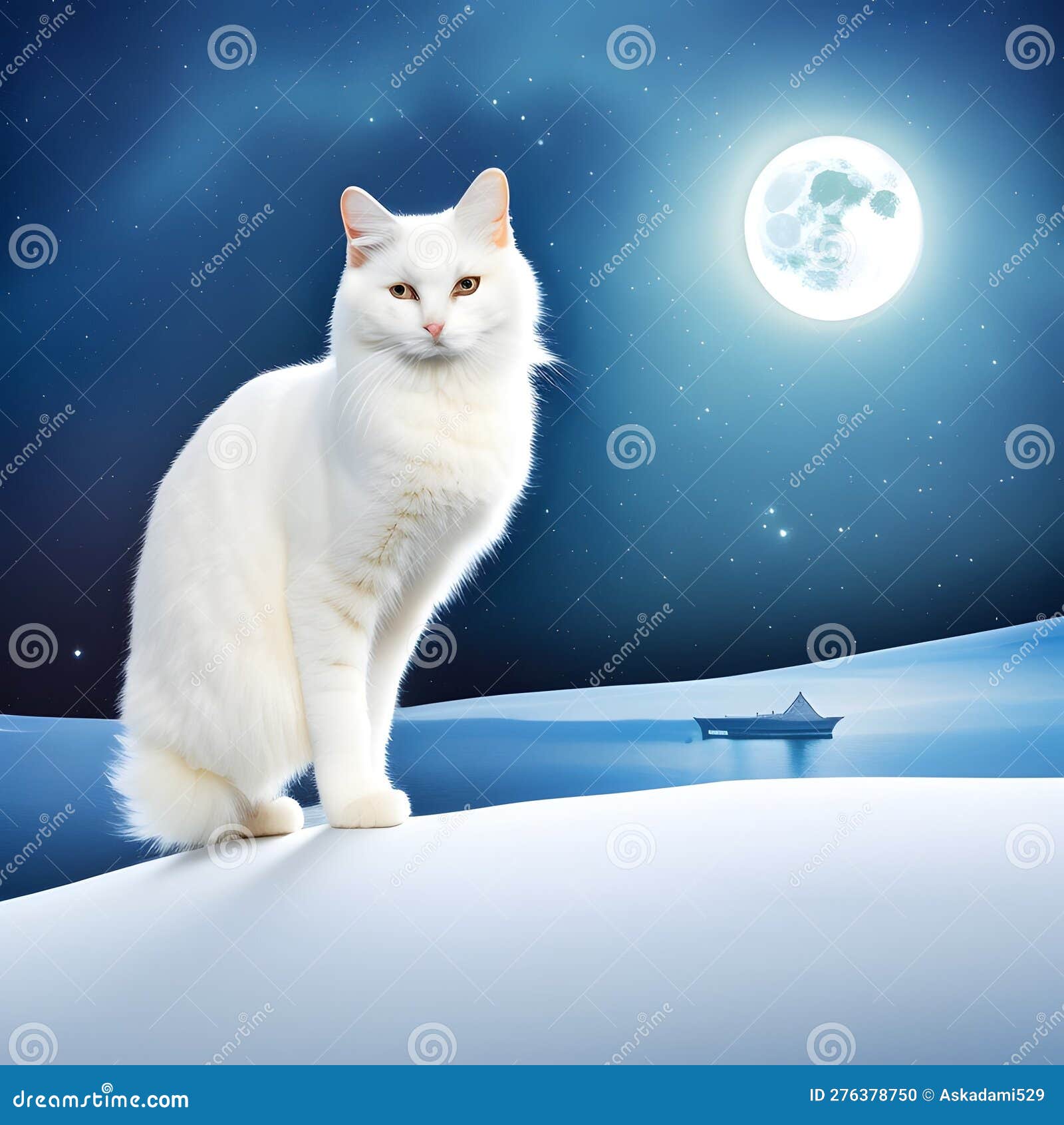 Sweet White Cat in the Moonlight Stock Illustration - Illustration of ...