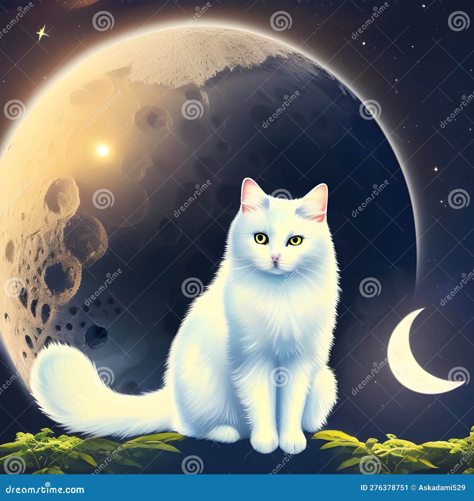 Sweet White Cat in the Moonlight Stock Illustration - Illustration of ...
