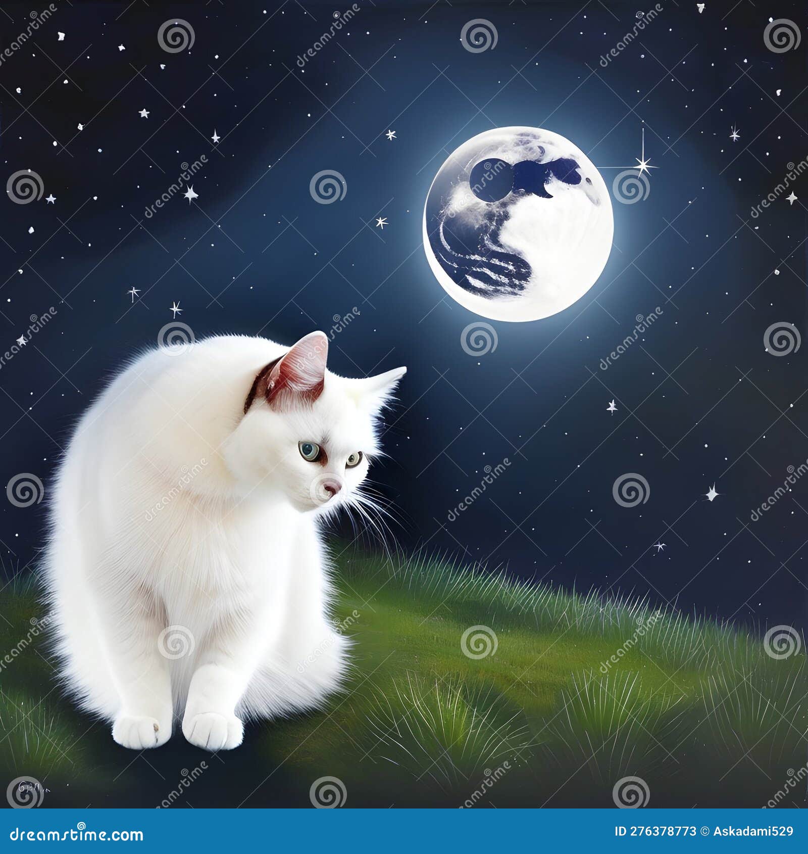 Sweet White Cat in the Moonlight Stock Illustration - Illustration of ...