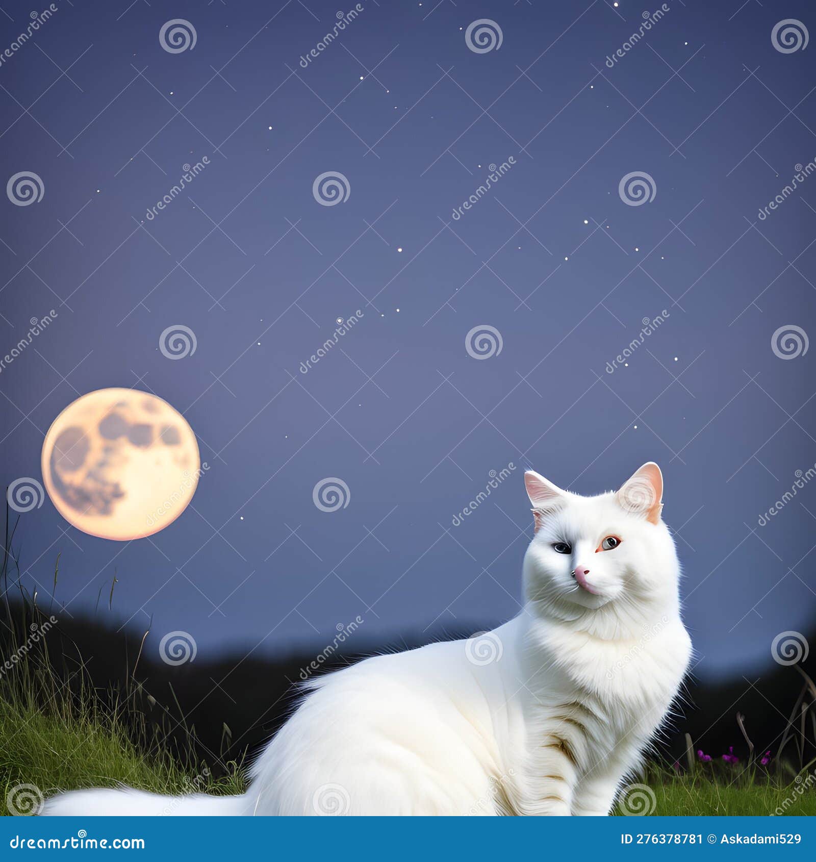 Sweet White Cat in the Moonlight Stock Illustration - Illustration of ...