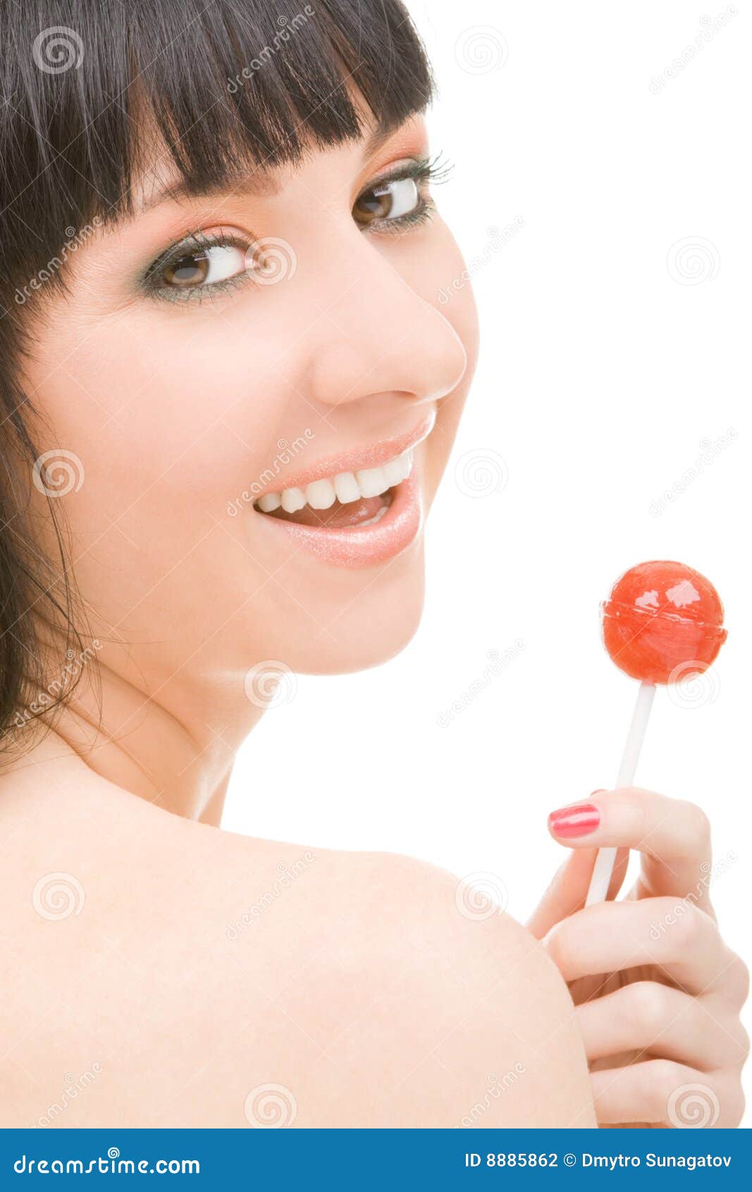 Sweet woman with candy stock photo. Image of brunette - 8885862