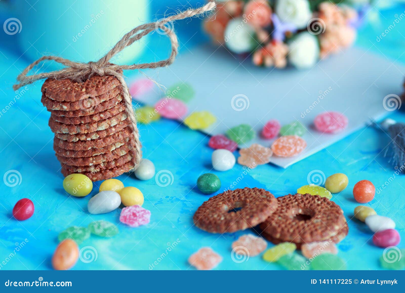 Sweets on a Blue Background Stock Image - Image of puff, chocolate ...