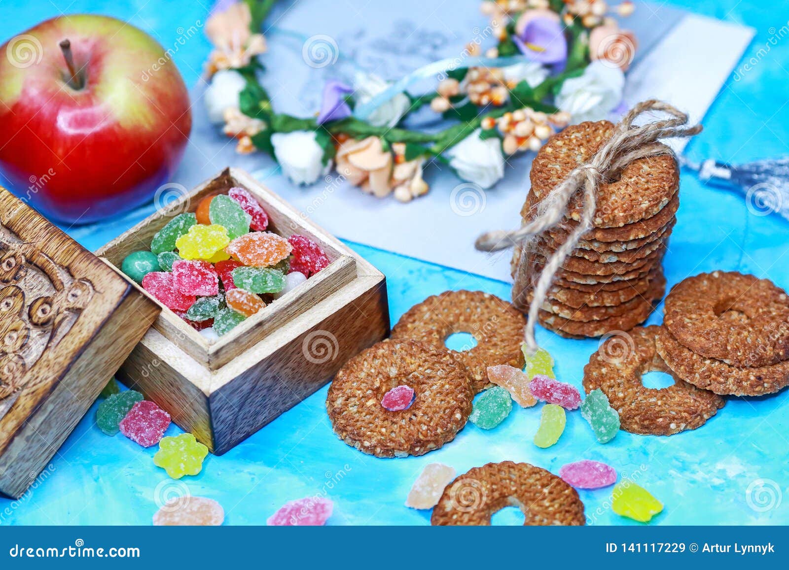 Sweets on a Blue Background Stock Image - Image of drink, cookie: 141117229
