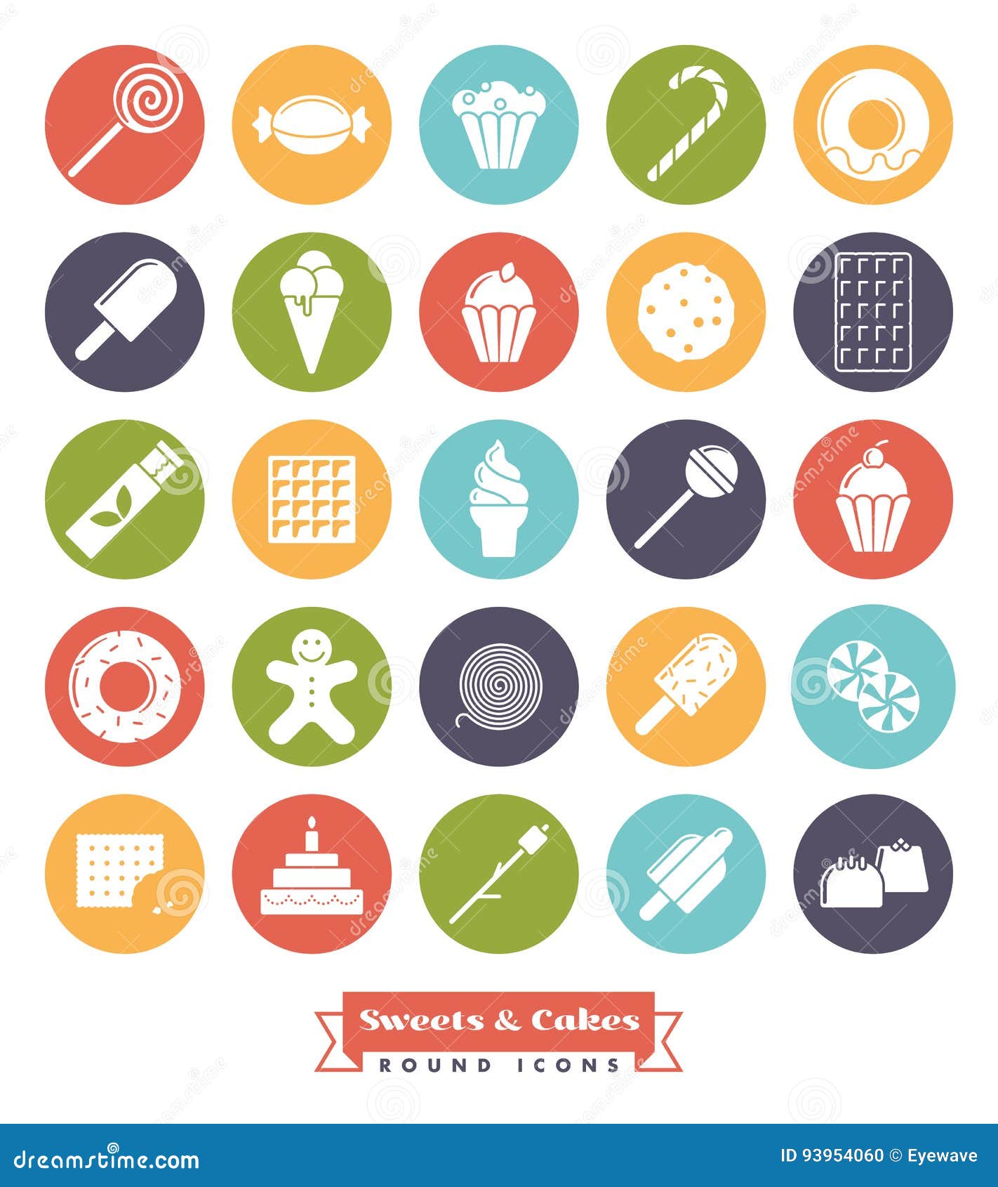Sweets and Cakes Solid Color Round Icon Set Stock Vector - Illustration ...
